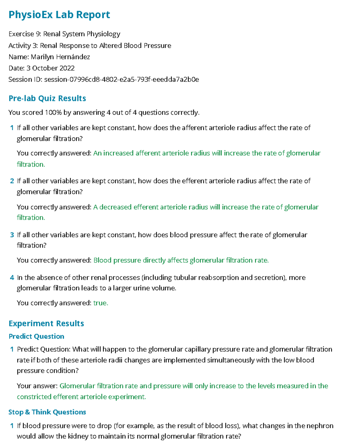 Physio Ex Exercise 9 Activity 3 - PhysioEx Lab Report Exercise 9: Renal ...