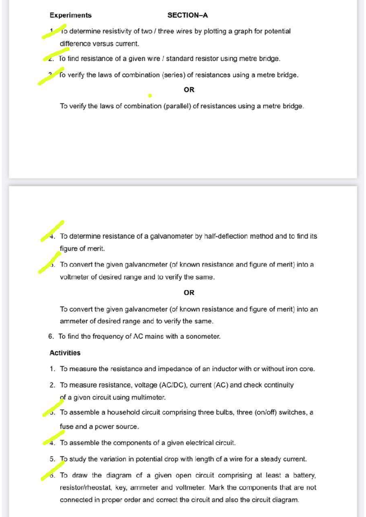Physics practical list - Experiments 1 10 determine resistivity of two ...