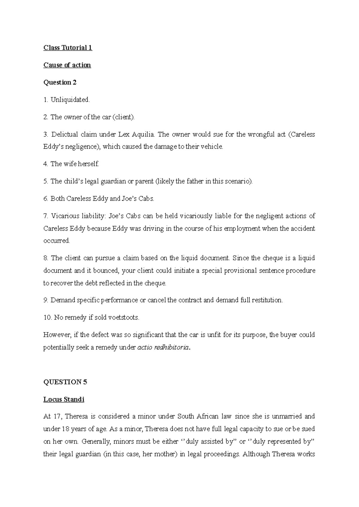 TUT - Tutorial work - Class Tutorial 1 Cause of action Question 2 ...