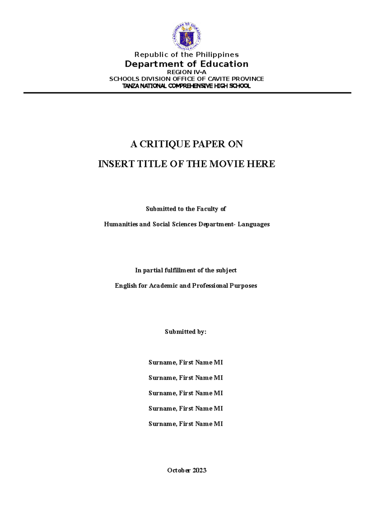 Critique- Paper- Template - Republic of the Philippines Department of ...