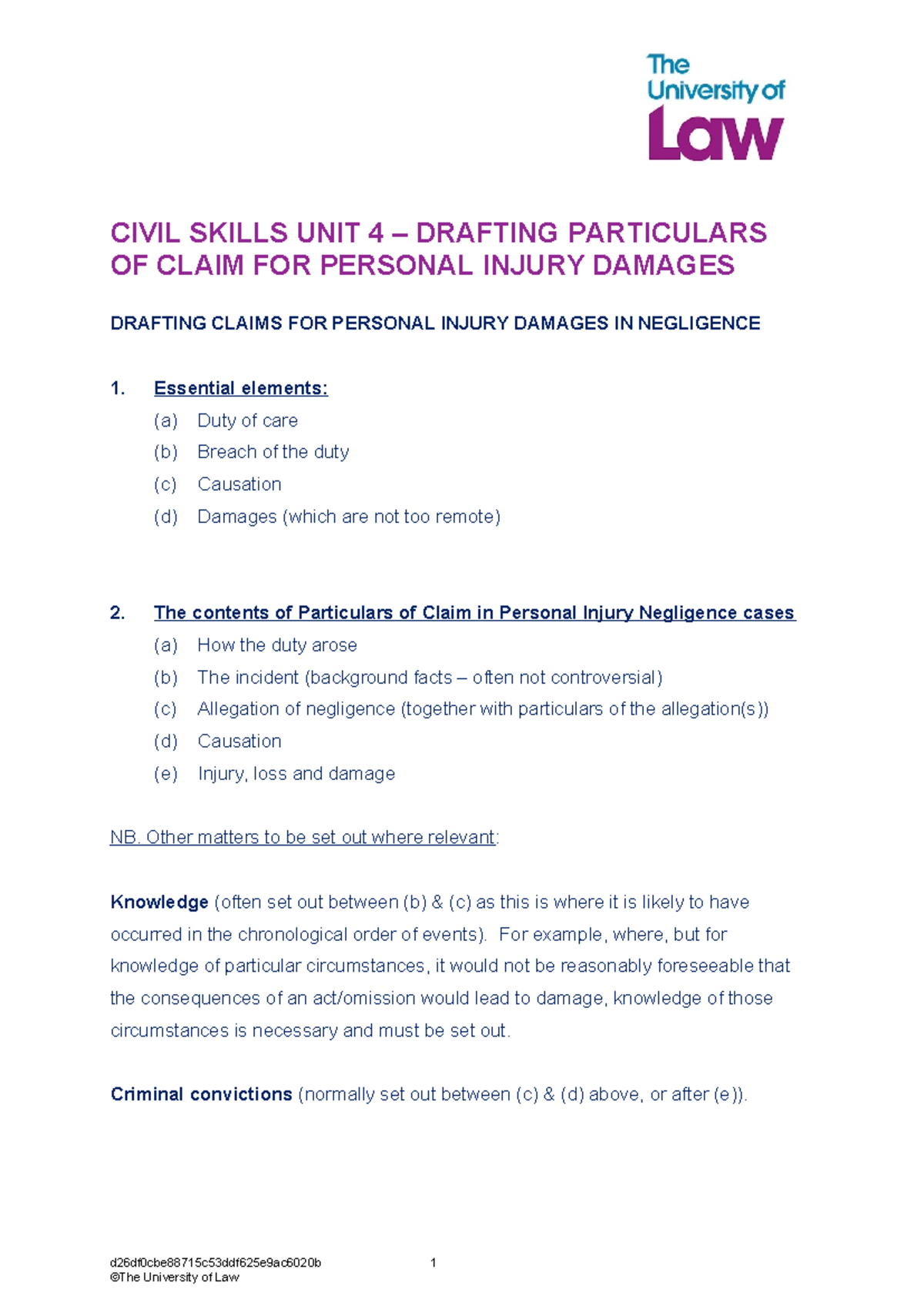 drafting claims for PI - CIVIL SKILLS UNIT 4 – DRAFTING PARTICULARS OF ...