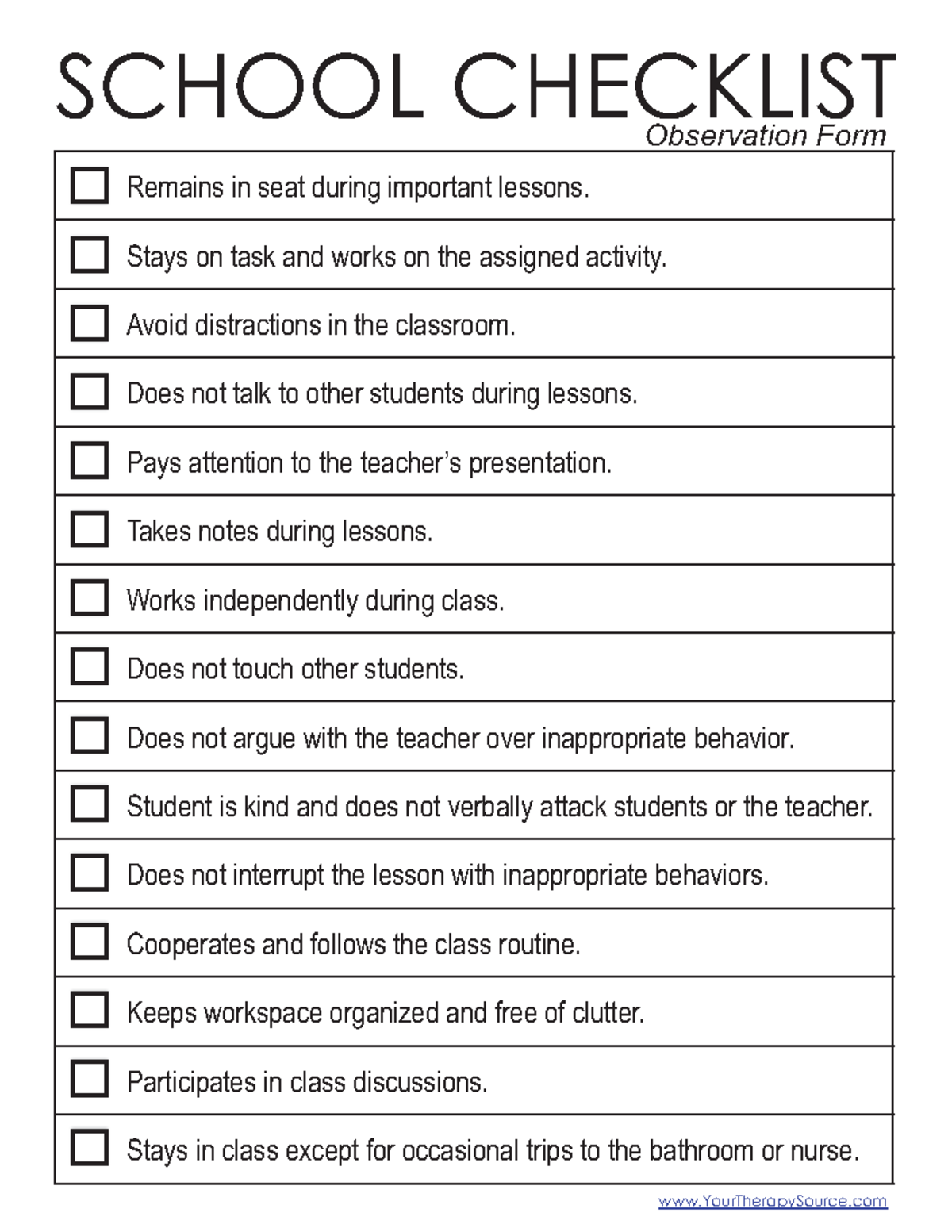 Behavior-Checklist - SCHOOL CHECKLIST Remains in seat during important ...