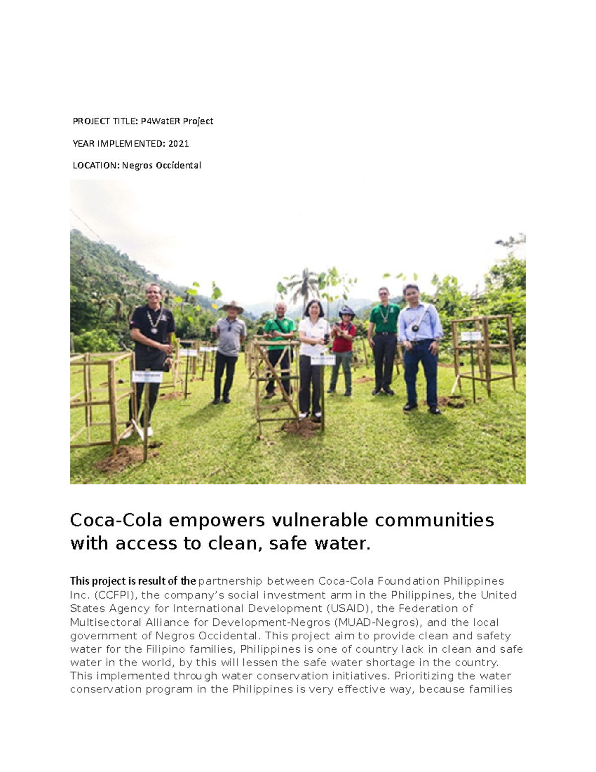 Community Development - PROJECT TITLE: P4WatER Project YEAR IMPLEMENTED ...