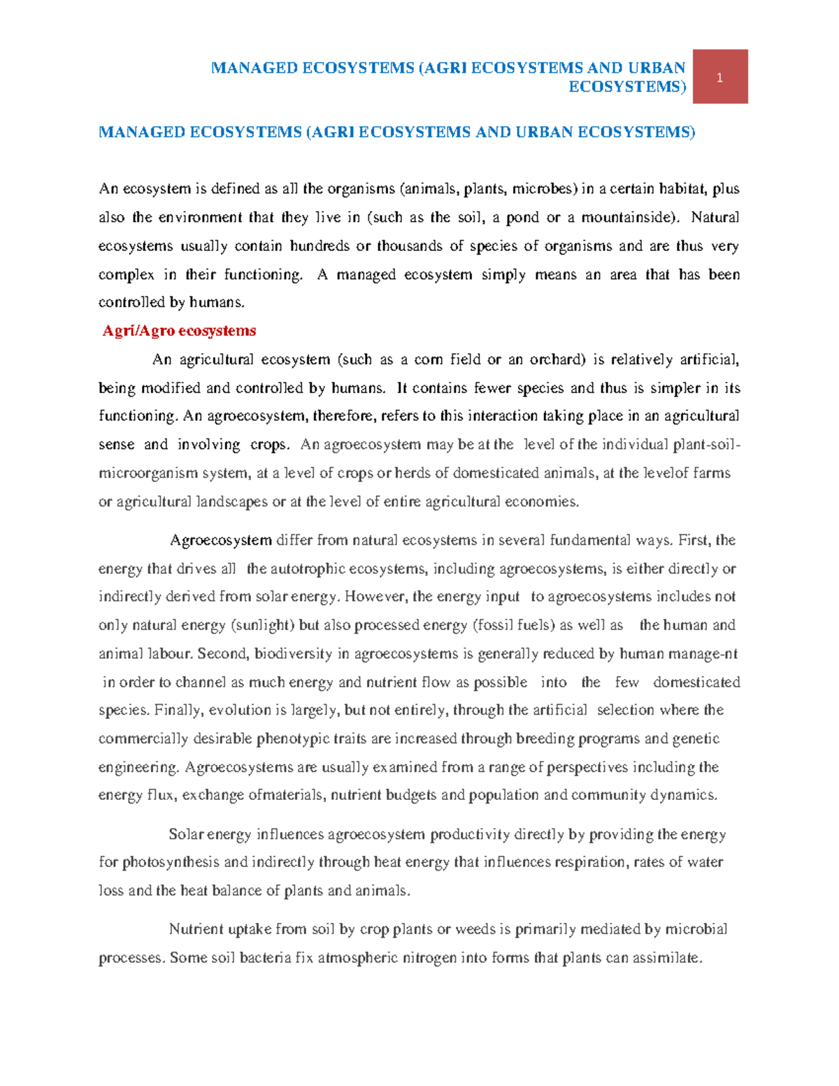 Managed Ecosystems (AGRI Ecosystems AND Urban Ecosystems) - MANAGED ...