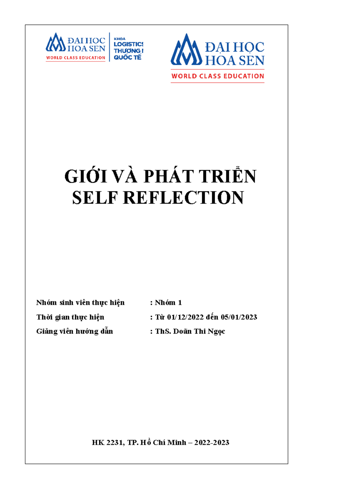 Self Reflection 2231 4258 GPT Nhóm 1 - x GIỚI VÀ PHÁT TRIỂN SELF REFLECTION Nhóm sinh viên thực ...