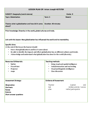 TP Lesson plan - GEO mapwork Grade 8 Geography - LESSON PLAN OF: Arton ...