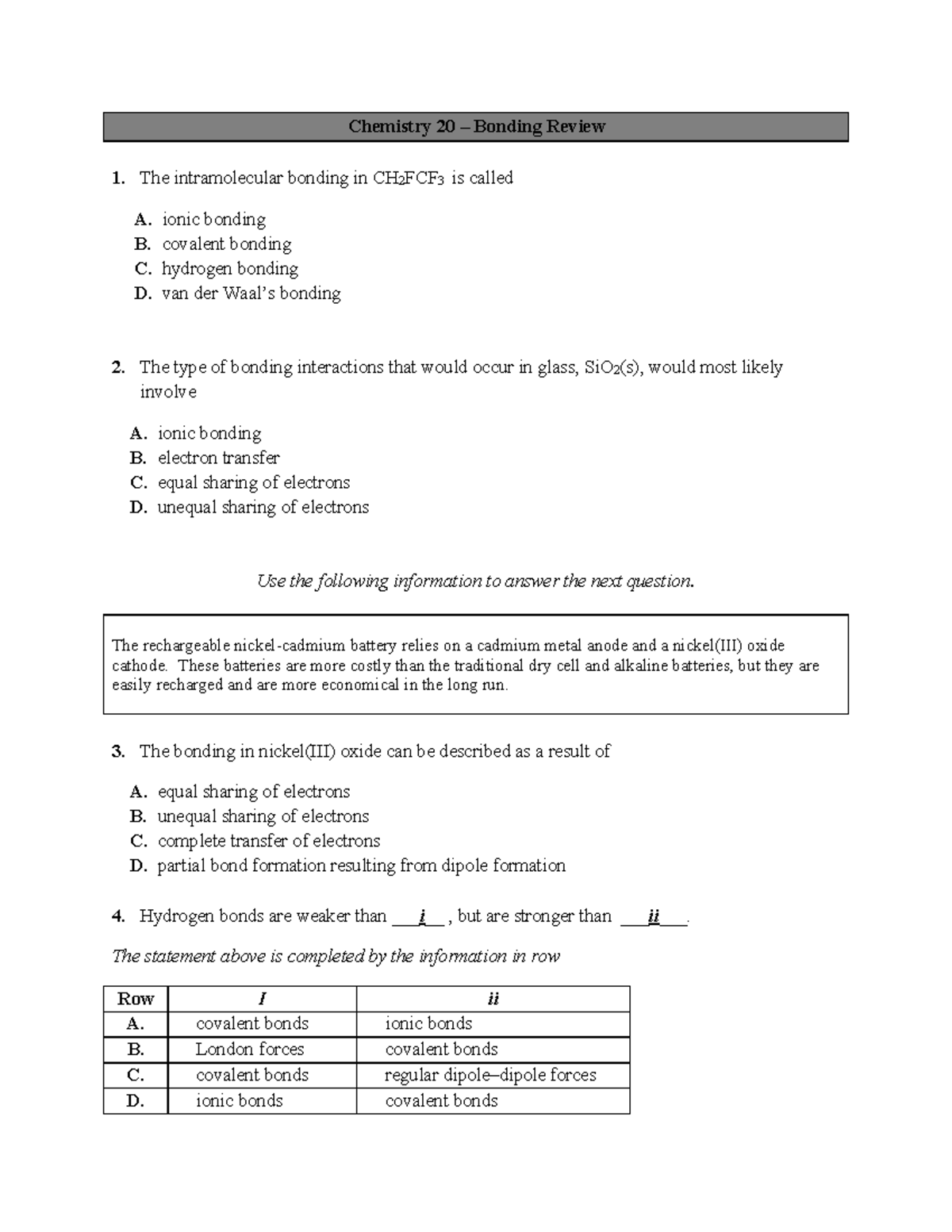 1. Chem 20 Practice Exam - Chemistry 20 – Bonding Review 1. The ...
