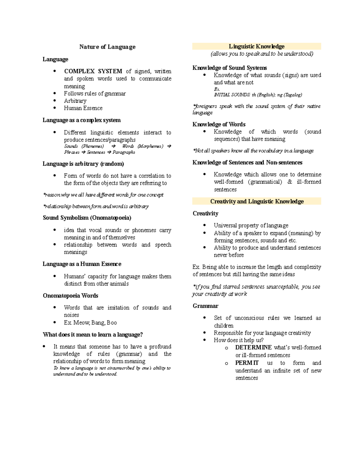 Nature of Language (Notes) - Nature of Language Language COMPLEX SYSTEM ...