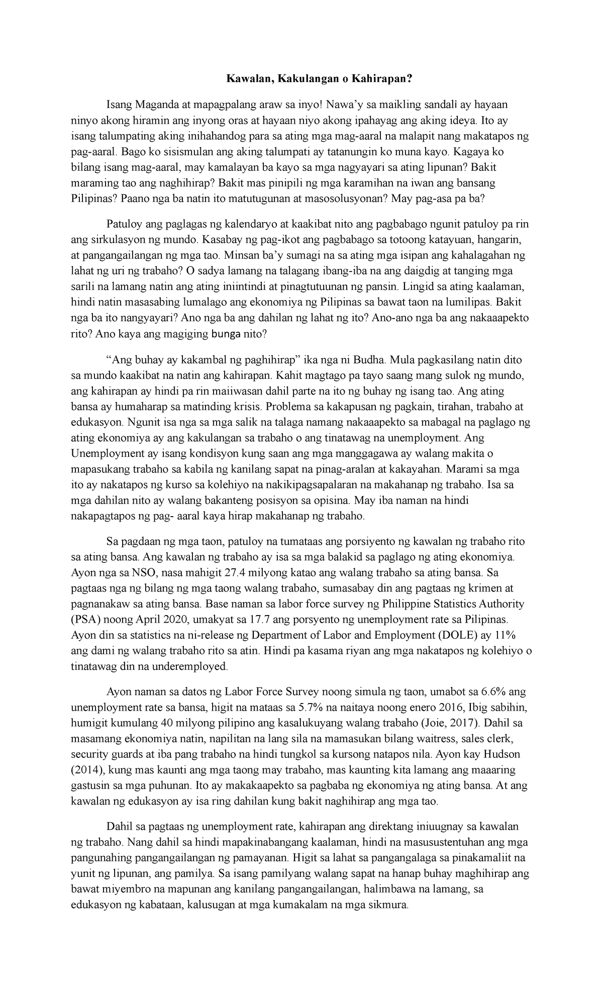 Talumpati - Major - Kawalan, Kakulangan o Kahirapan? Isang Maganda at ...