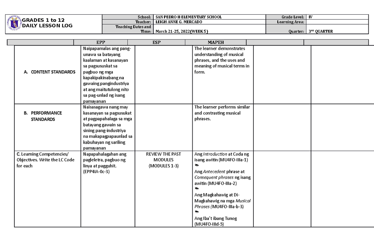 DLL Q3 W5 PART-2 - Daily Lesson Log - GRADES 1 to 12 DAILY LESSON LOG ...