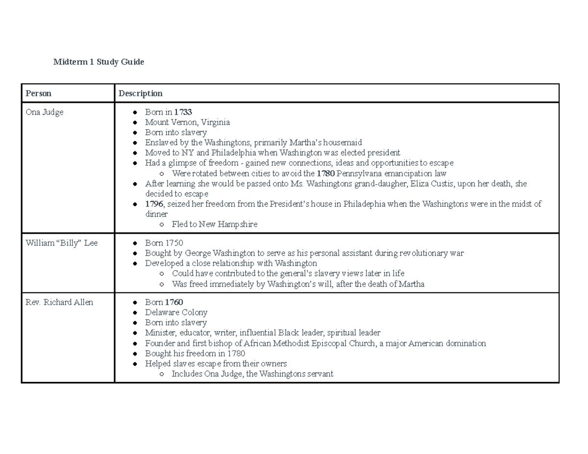 Midterm 1 Study Guide - Professor Elyse Banks - Midterm 1 Study Guide Person Description Ona ...