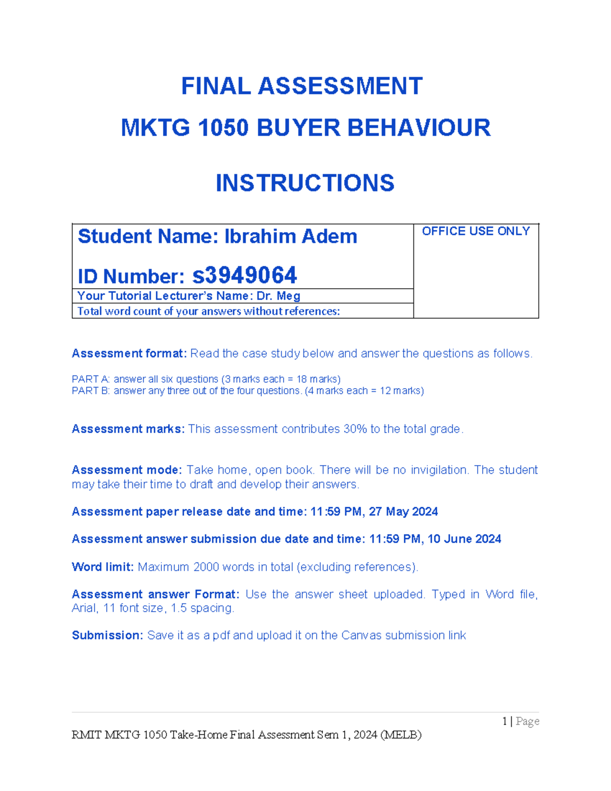 Final Assessment - FINAL ASSESSMENT MKTG 1050 BUYER BEHAVIOUR ...