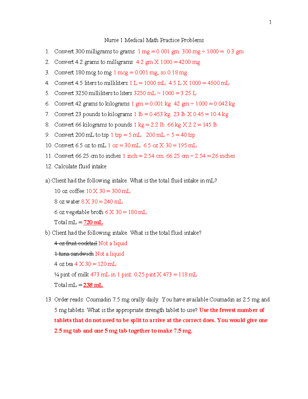 Answers Nurse 1 Medical Math Practice Problems - 1 Nurse 1 Medical Math ...
