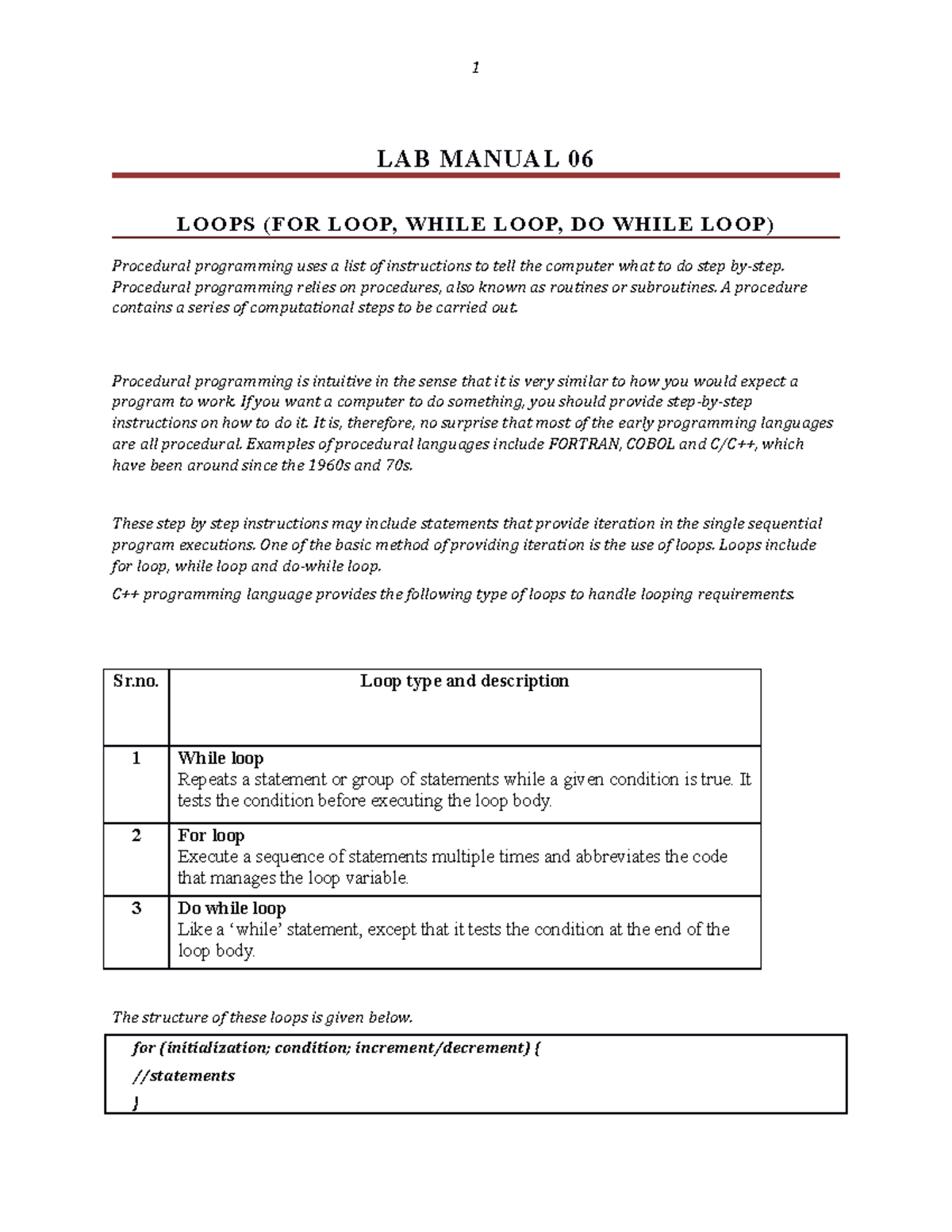 Lab Manual 06 loops - LAB MANUAL 06 LOOPS (FOR LOOP, WHILE LOOP, DO ... Lab Manual 06 loops - LAB MANUAL 06 LOOPS (FOR LOOP, WHILE LOOP, DO ...