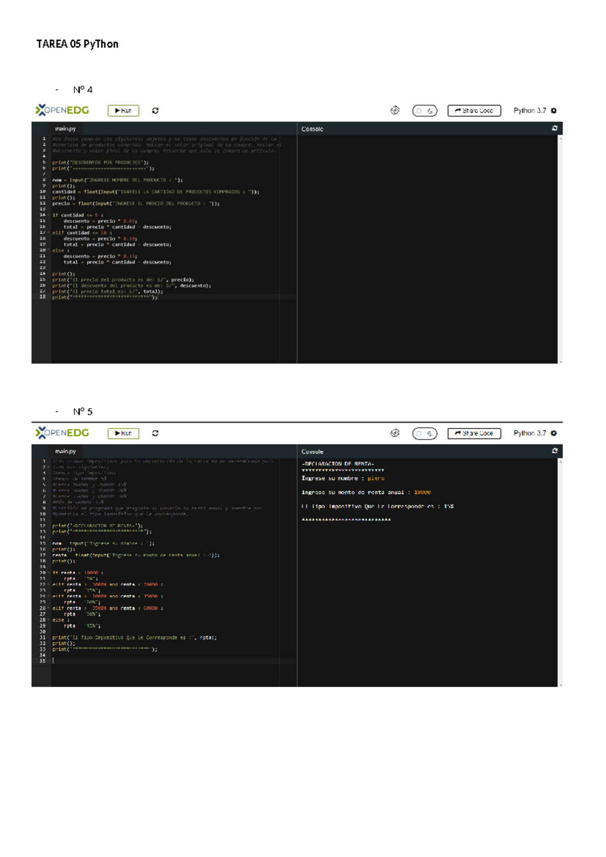 Python Ejercicios - Taller de programación - TAREA 05 PyThon - N° 4 - N° 5 - Studocu