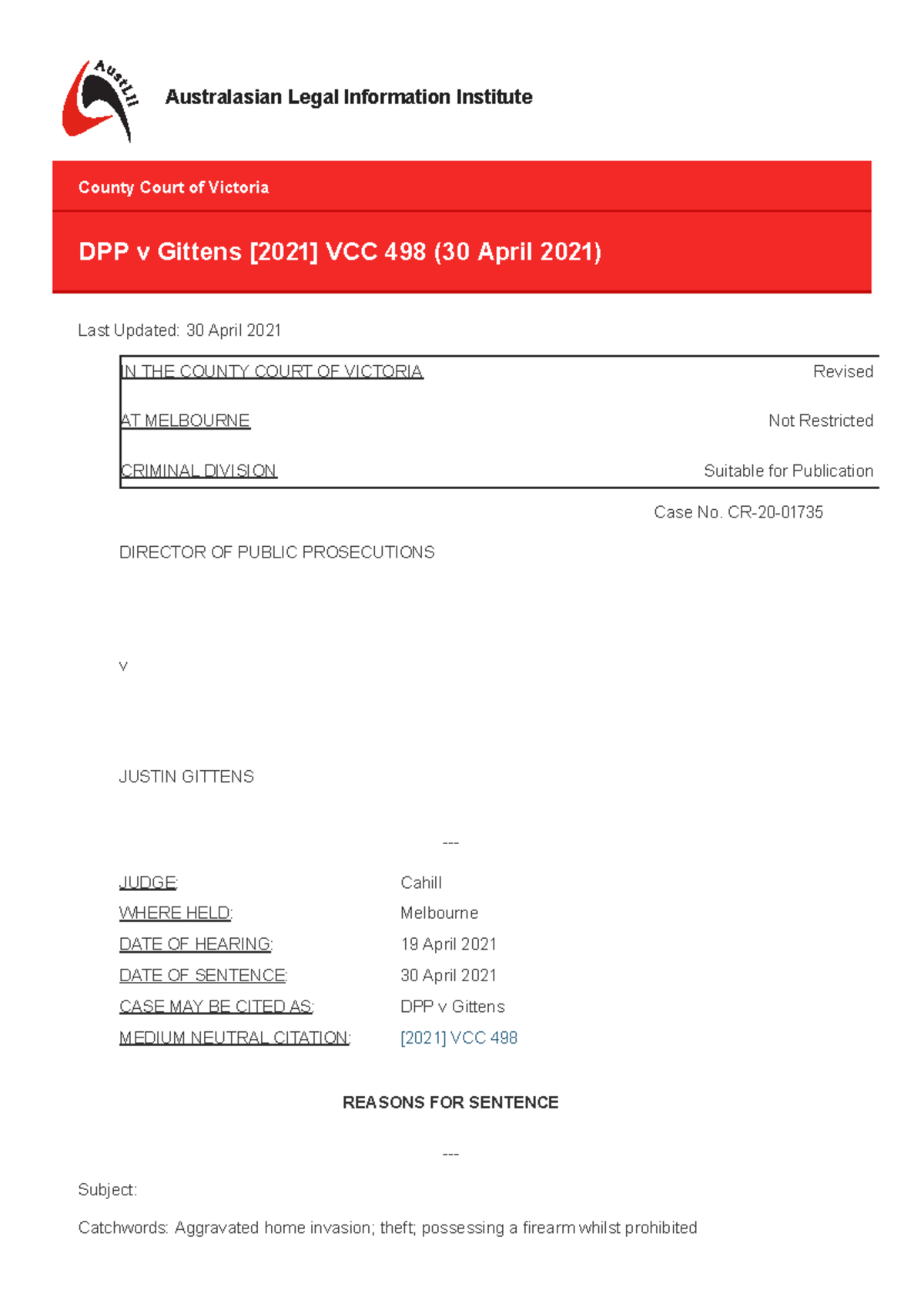 DPP v Gittens [2021] VCC 498 (30 April 2021) - County Court of ...