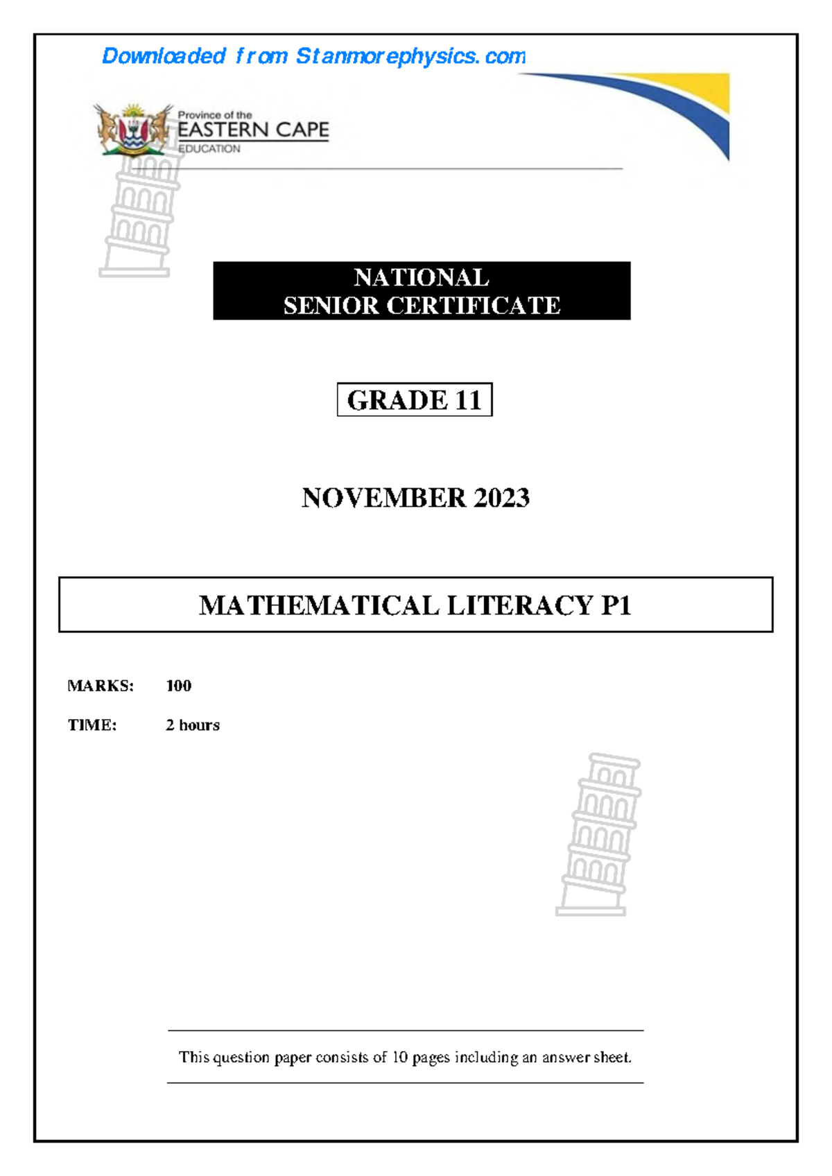 EC Maths Literacy Grade 11 November 2023 P1 and Memo - NATIONAL SENIOR ...