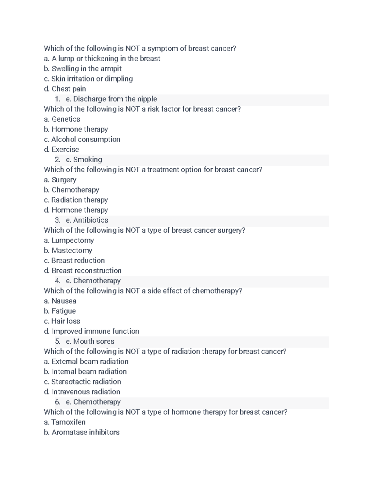 Breast cancer multiple choice - Which of the following is NOT a symptom ...