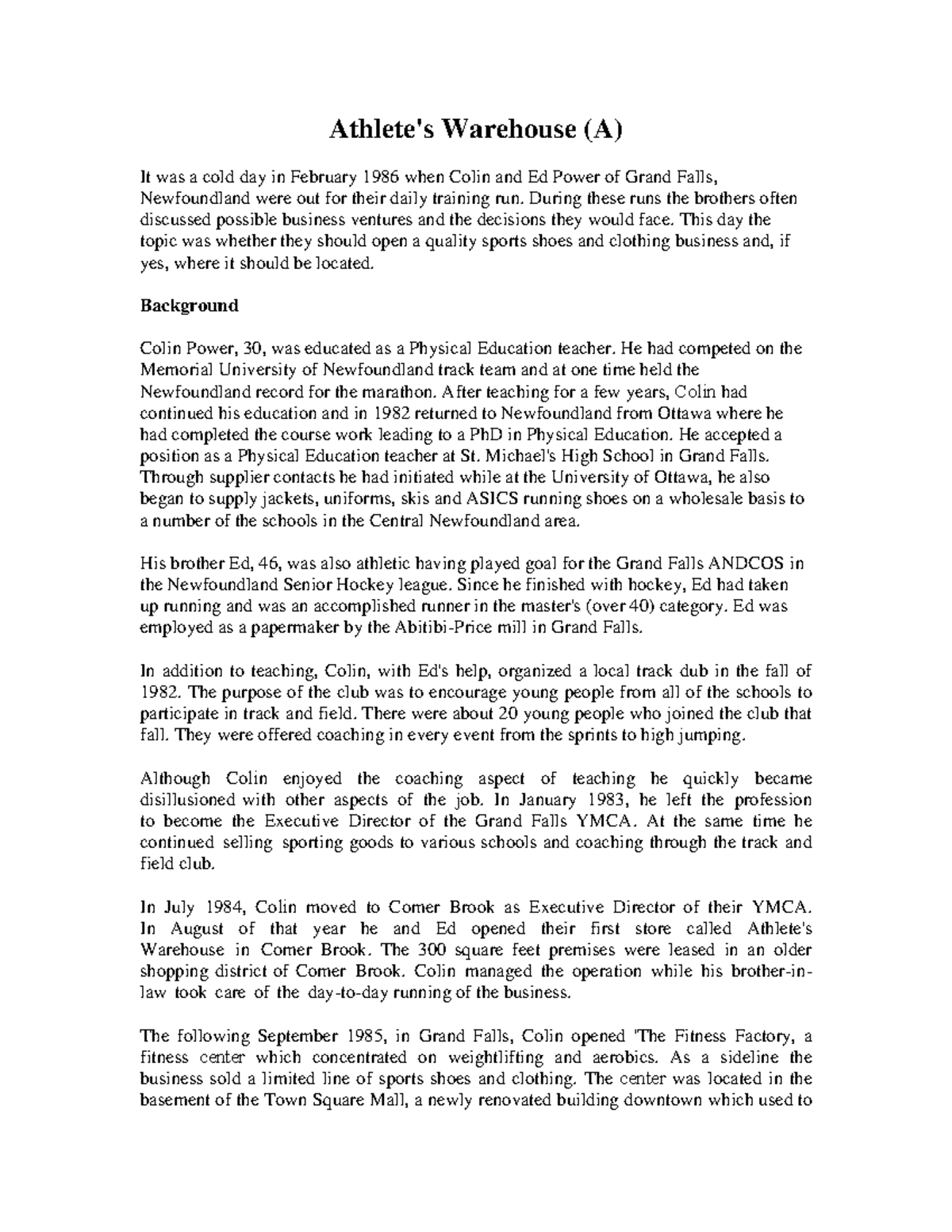 Unit 5 Case Study - Athlete Warehouse highlighted - Athlete's Warehouse ...