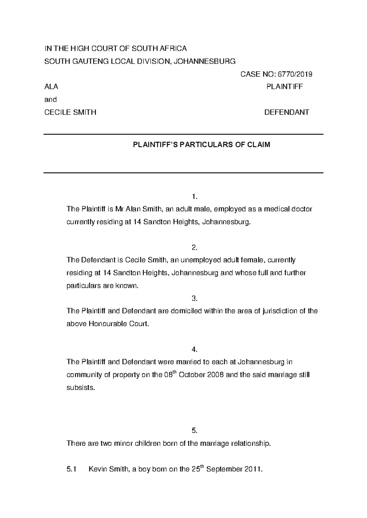 POC - Particulars of claim - IN THE HIGH COURT OF SOUTH AFRICA SOUTH ...
