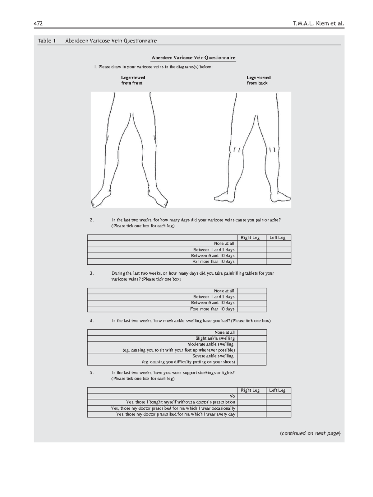 AVVQ form temp - Table 1 Aberdeen Varicose Vein Questionnaire Aberdeen ...