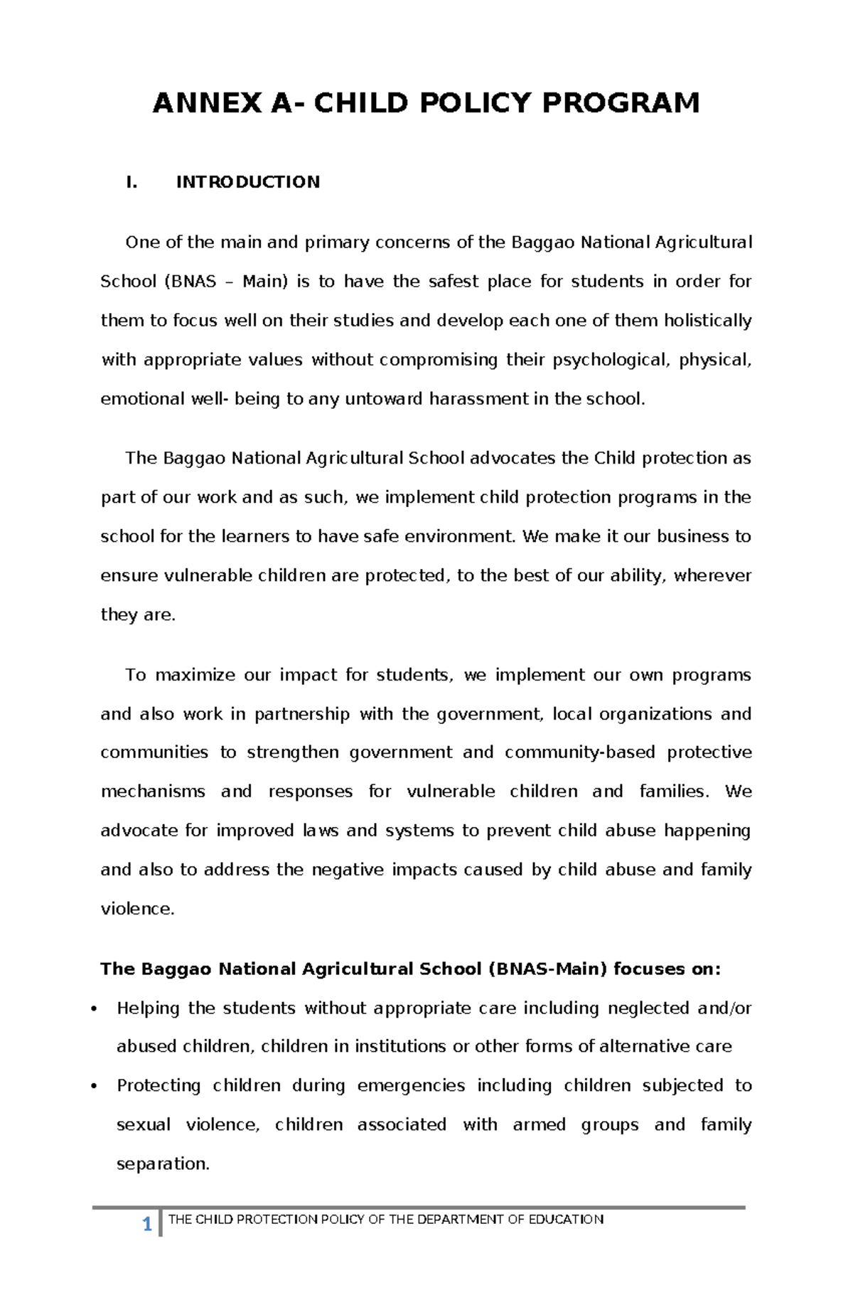 Annex A - TEMPLATE FOR REPORTS - ANNEX A- CHILD POLICY PROGRAM I ...