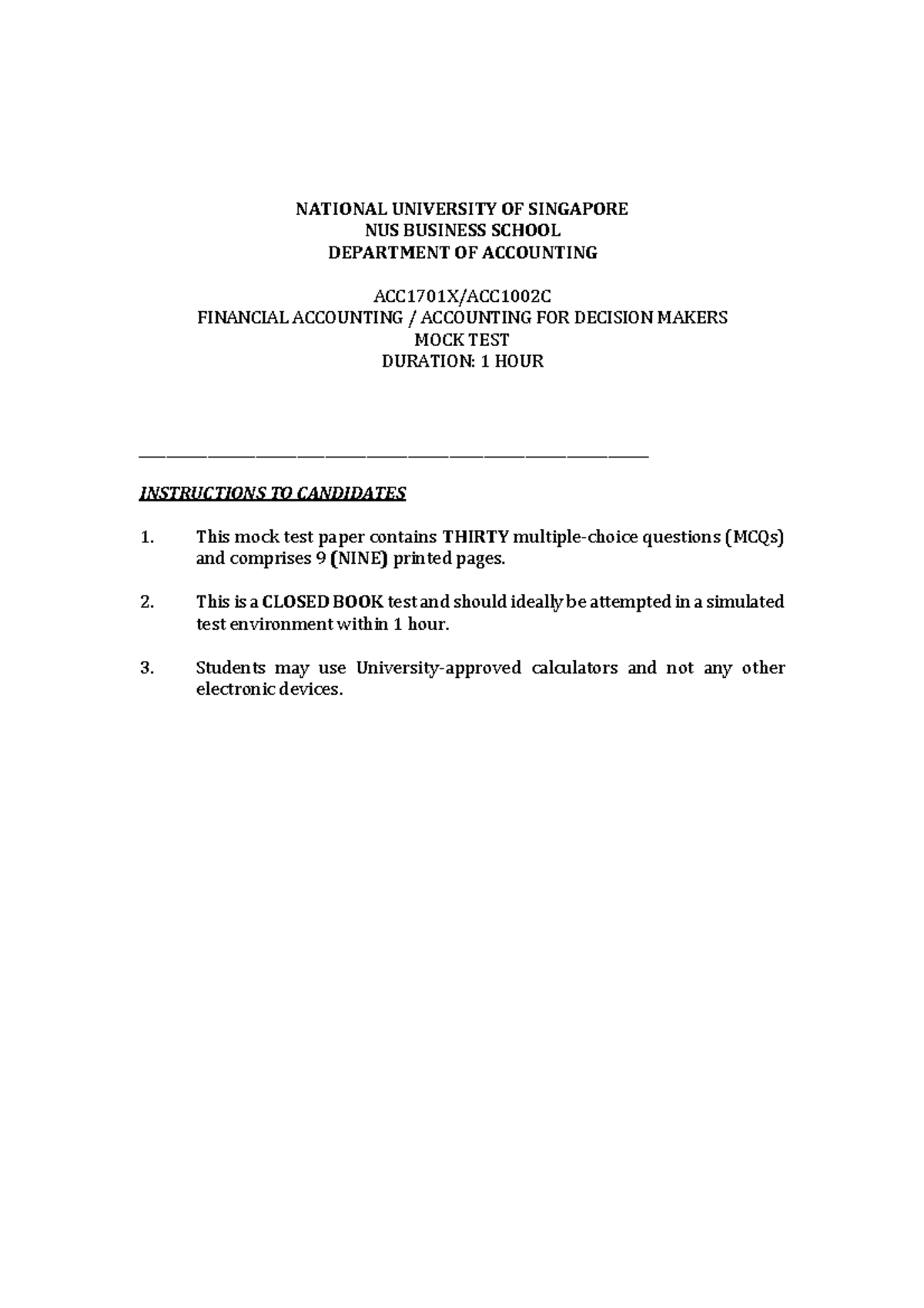 Test 2019, questions and answers - NATIONAL UNIVERSITY OF SINGAPORE NUS ...