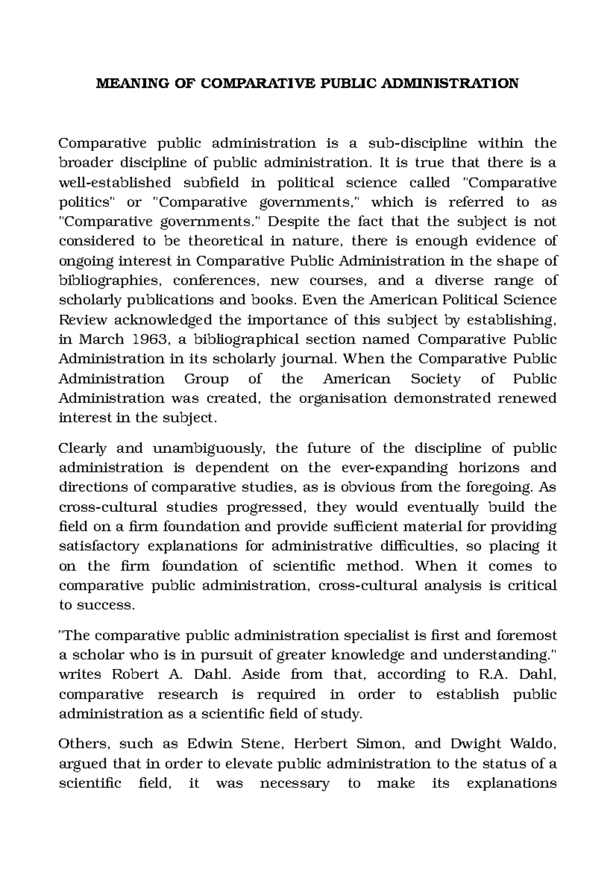 Meaning of Comparative Public Administration - Studocu