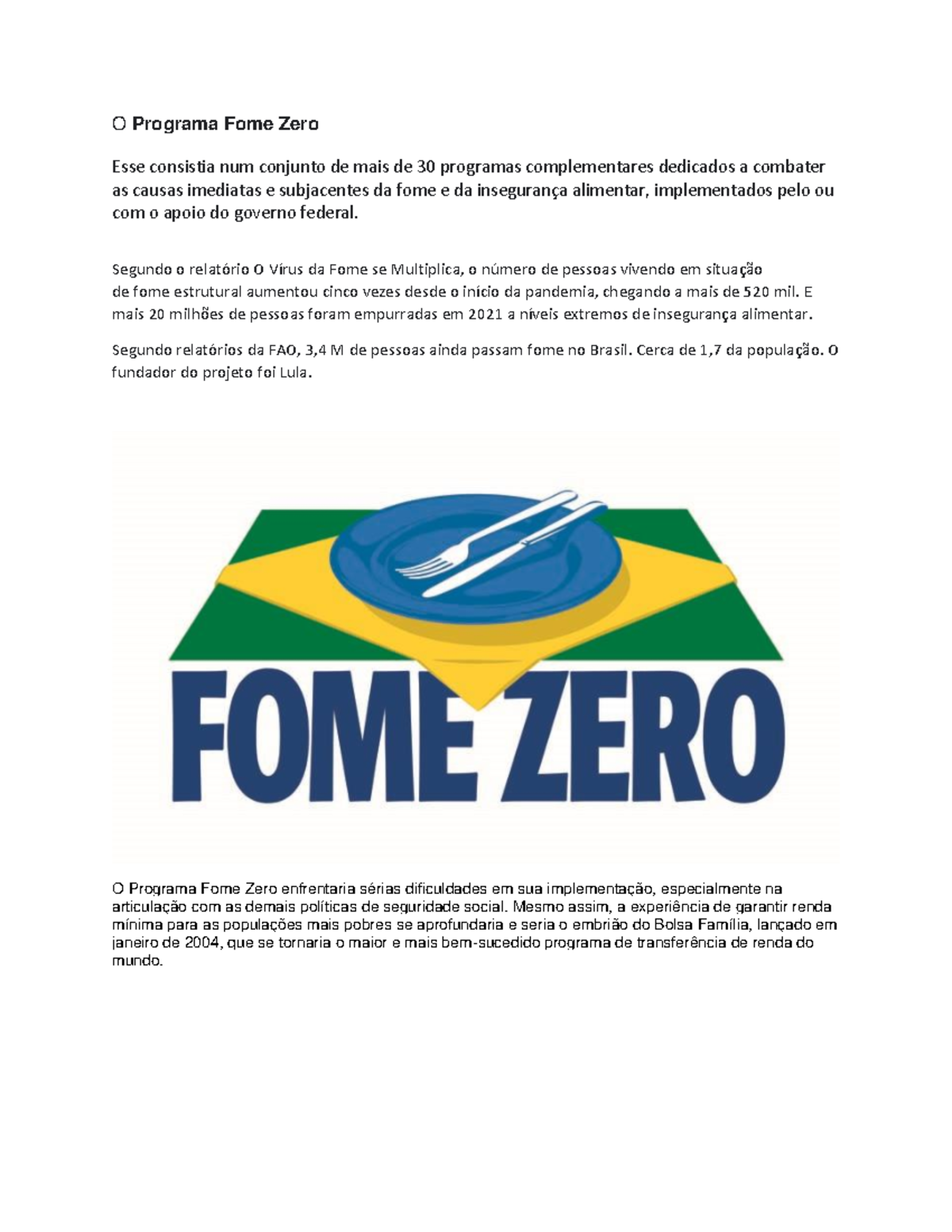 Fome zero oiiiii acabou - O Programa Fome Zero Esse consistia num ...