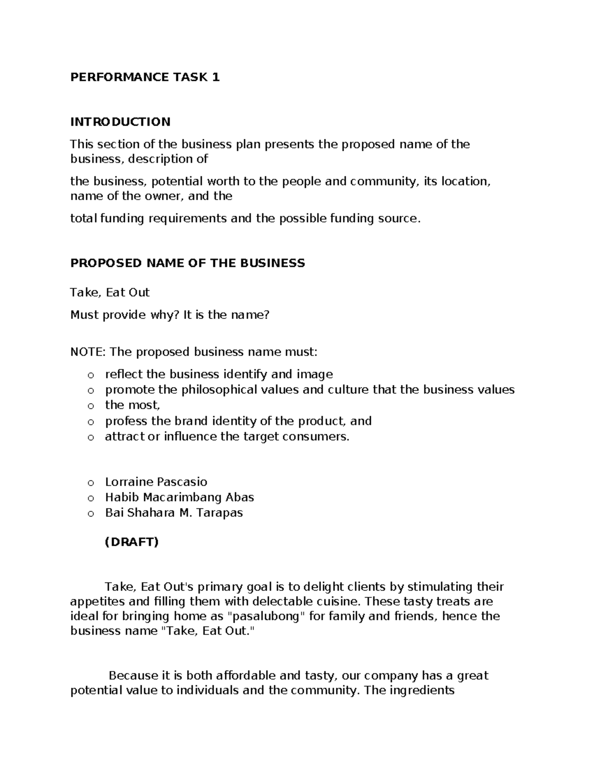 PPT Business Plan - NOTES - PERFORMANCE TASK 1 INTRODUCTION This ...