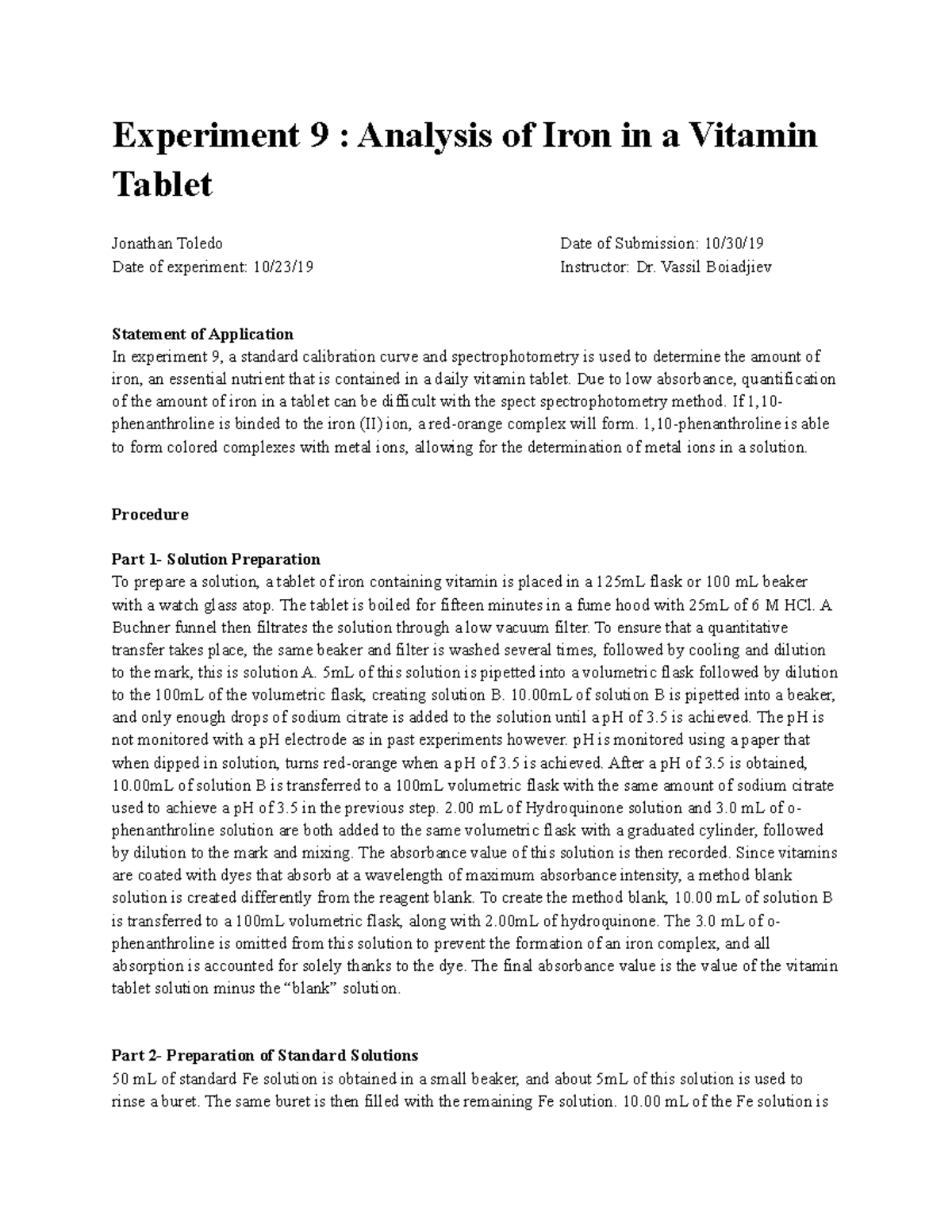 Experiment 9 : Analysis of Iron in a Vitamin Tablet - Experiment 9 ...
