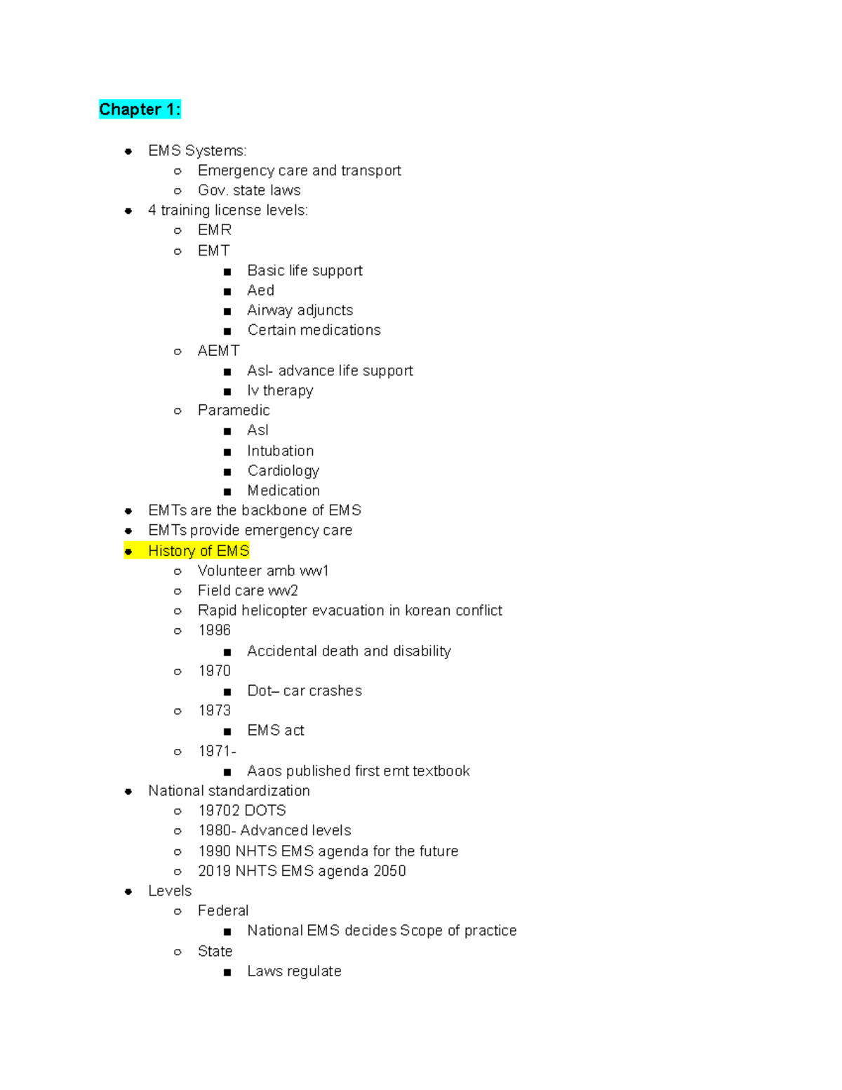 Chapter 1, 2, & 3 - Notes for chap 1-3 - Chapter 1: EMS Systems ...