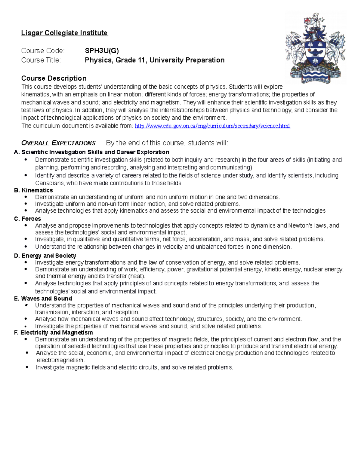 SPH3U Lisgar Course Outline - Lisgar Collegiate Institute Course Code ...