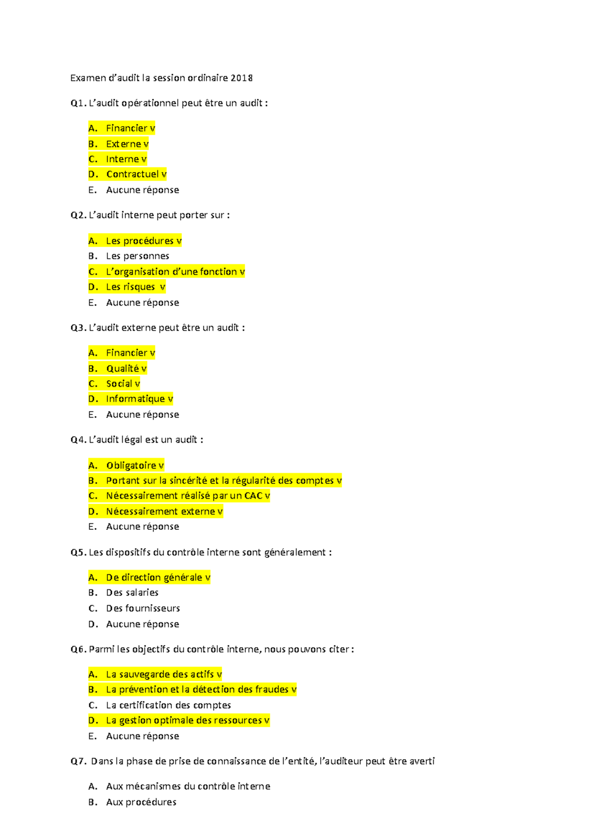 Examen 2018 - Examen d’audit la session ordinaire 2018 Q1. L’audit ...