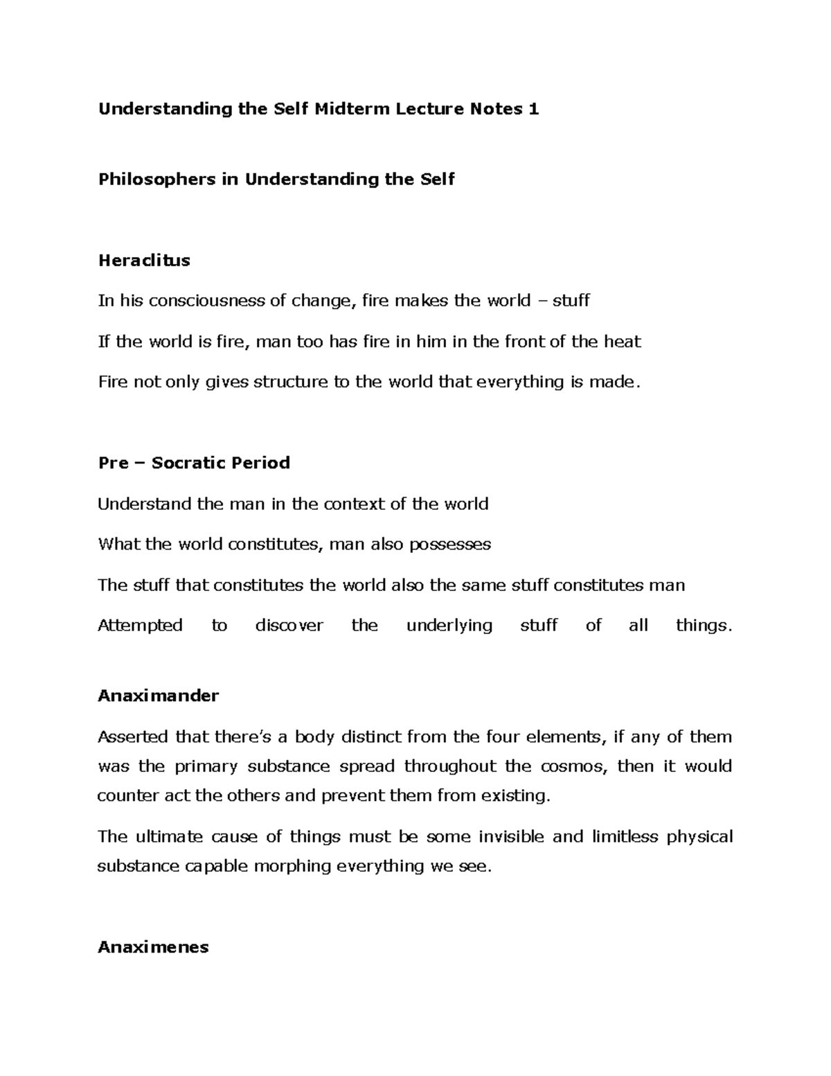 Understanding the Self Midterm Lecture Notes Continuation ...