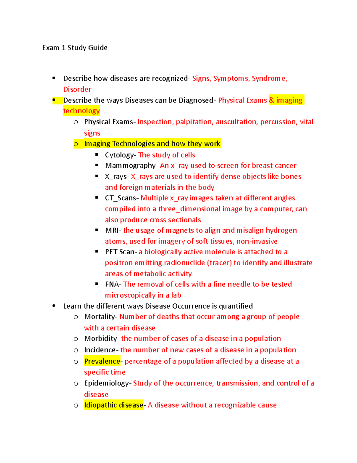 Exam1 Study Guide - Exam 1 Study Guide Describe how diseases are ...