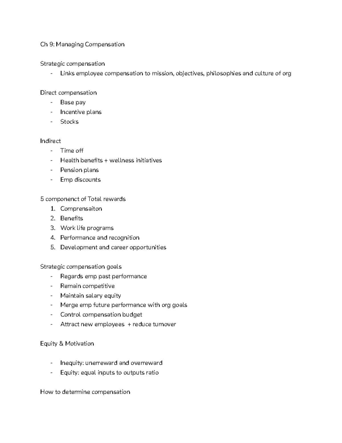 Ch9 notes - ADM 2337 - Ch 9: Managing Compensation Strategic ...