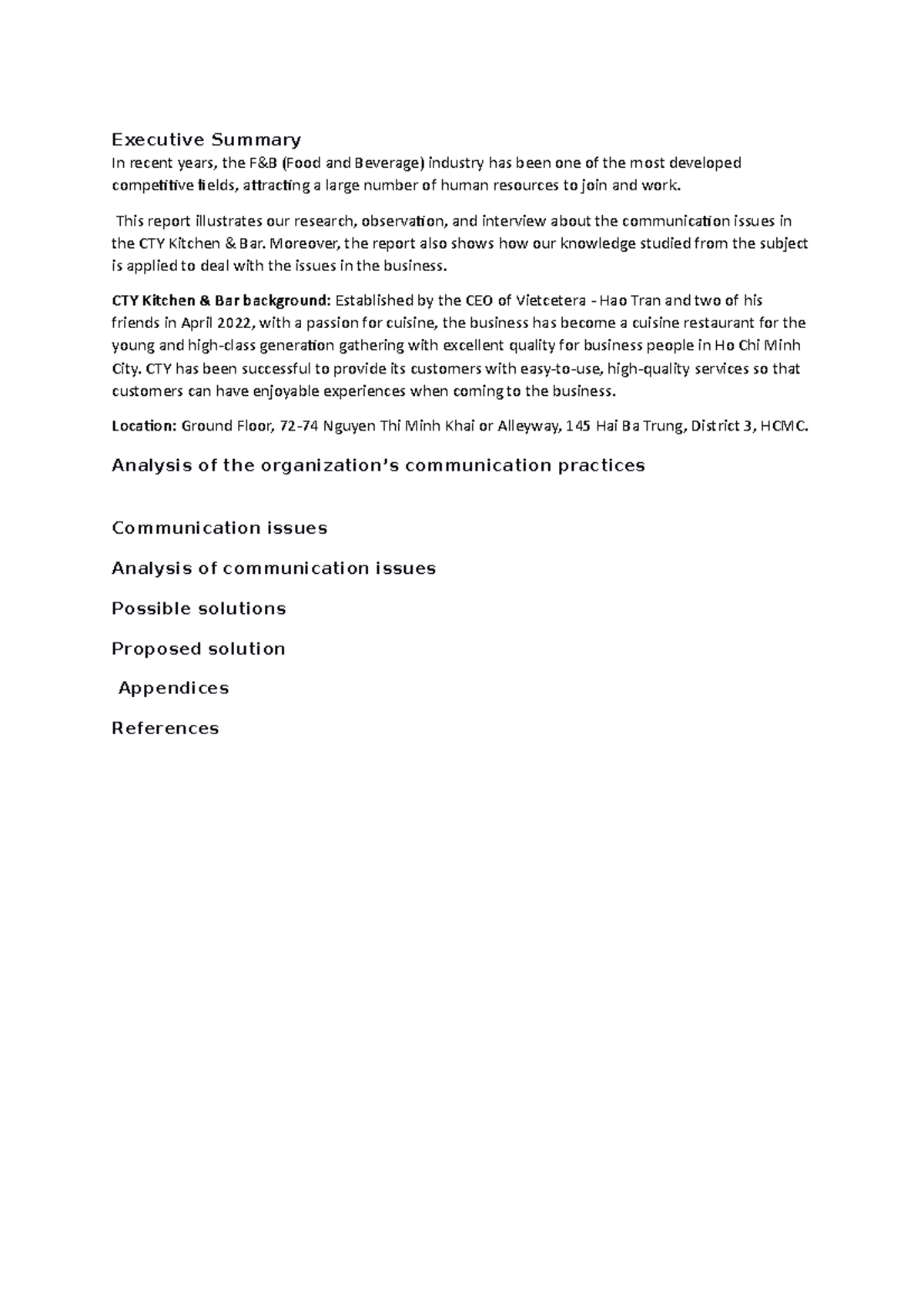 BC Individual - Executive Summary In recent years, the F&B (Food and ...