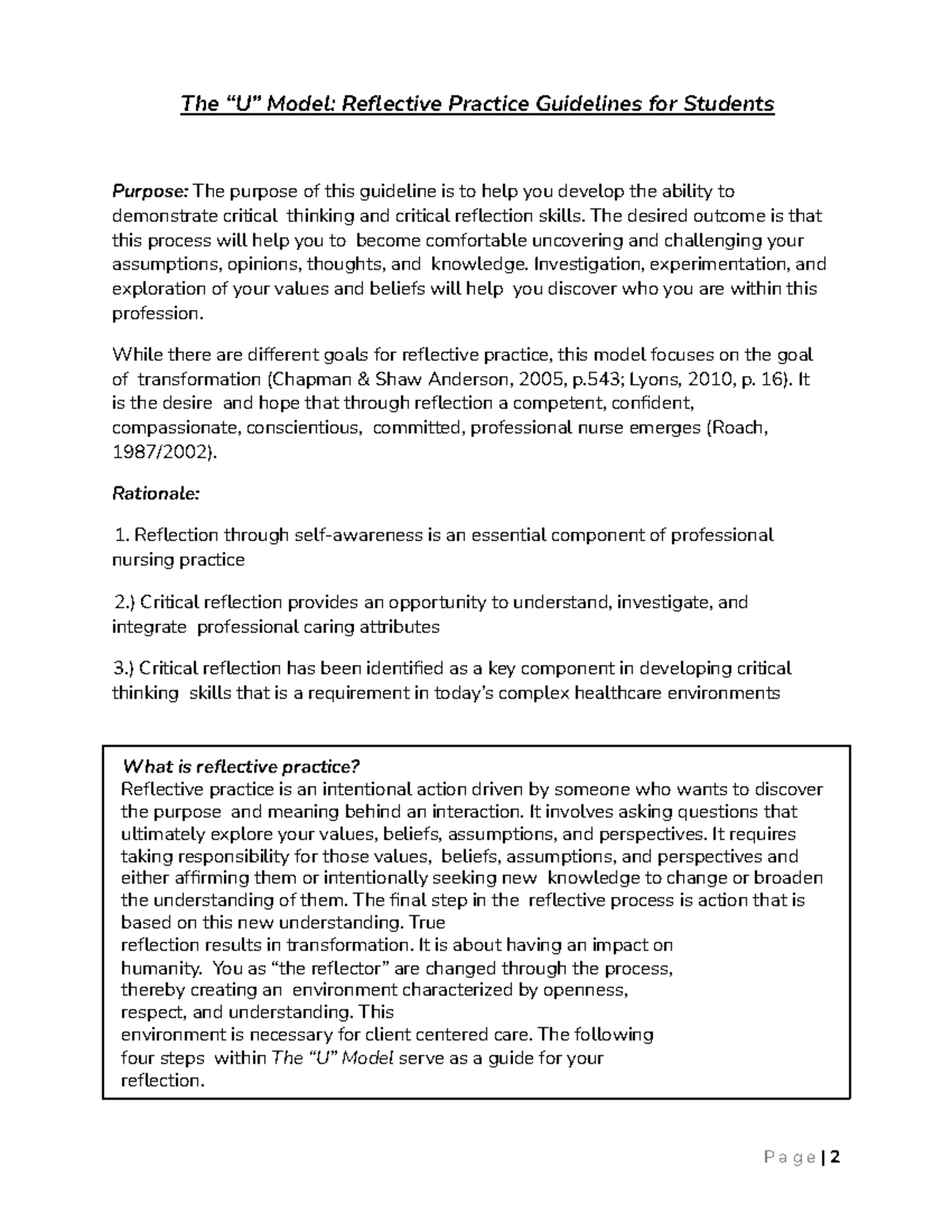 The U Model Reflective Practice Guidelines for Students - The “U” Model ...