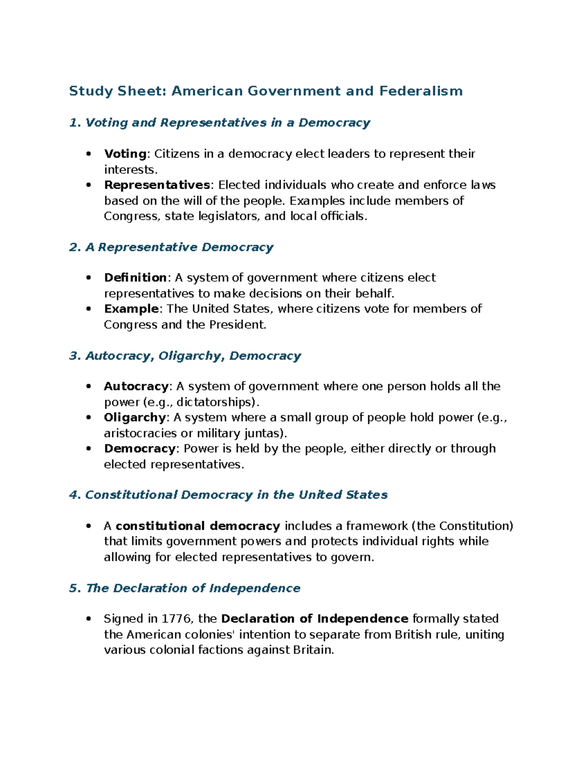 POL 1011 Study Sheet - Study Sheet: American Government and Federalism ...