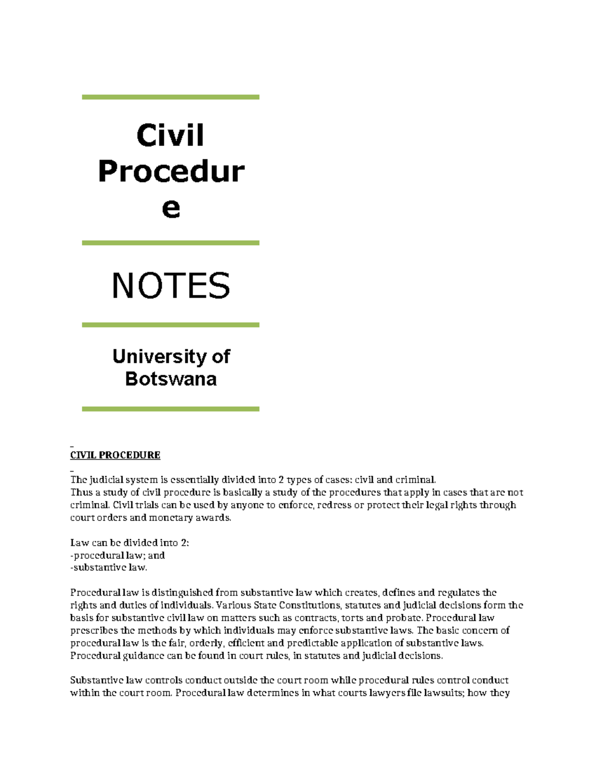 Civil Procedure Notes pdf - Civil Procedur e NOTES University of ...