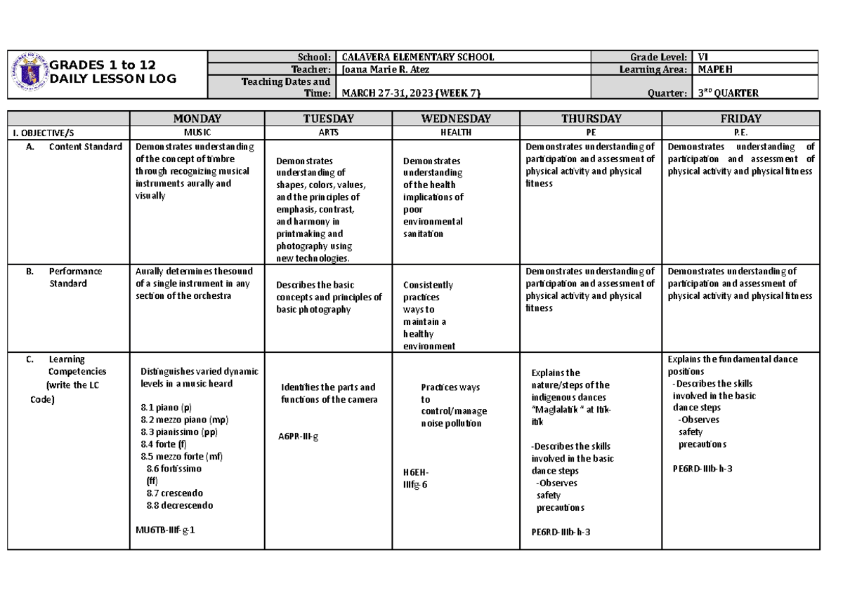 DLL Mapeh 6 Q3 W7 - FOR SUBMISSION - GRADES 1 to 12 DAILY LESSON LOG ...