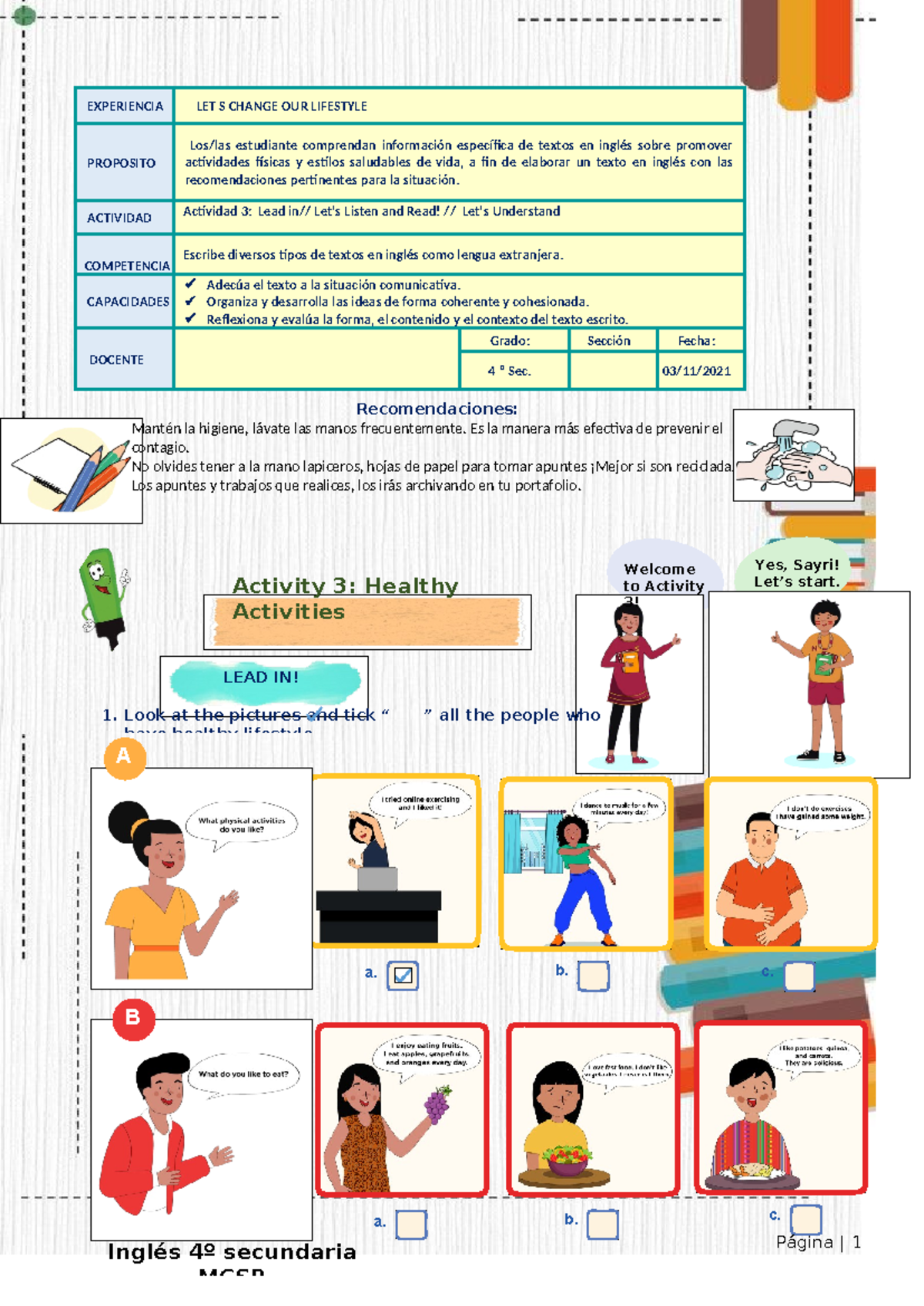 4º ING. EXP 08- ACTV 03 - Inglés 4º secundaria Recomendaciones: Mantén la higiene, lávate las ...