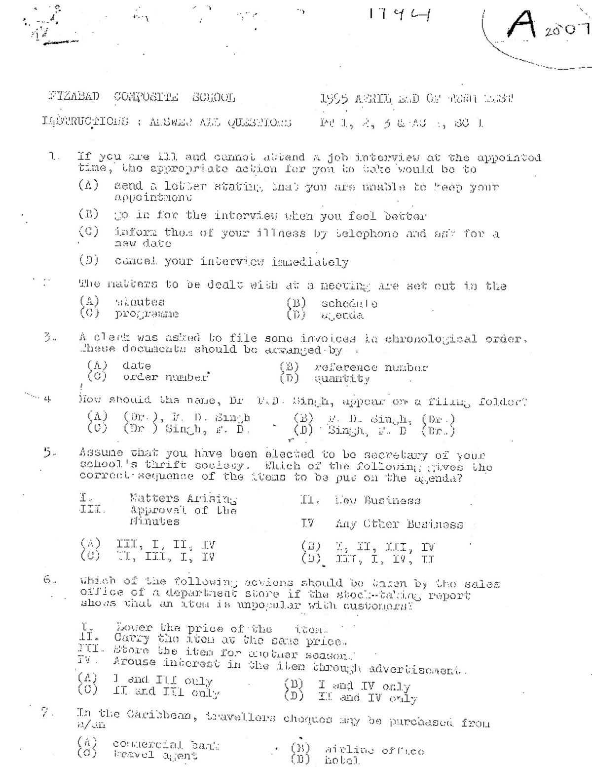 Multiple Choice A - its a past paper - Office Administration - Studocu