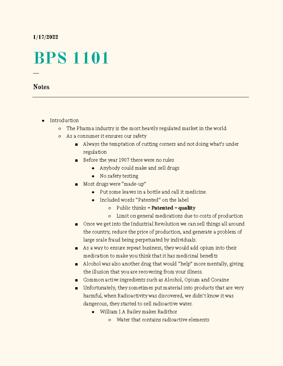 BPS Drugs PDF - 1/17/ BPS 1101 ___ Notes Introduction The Pharma ...
