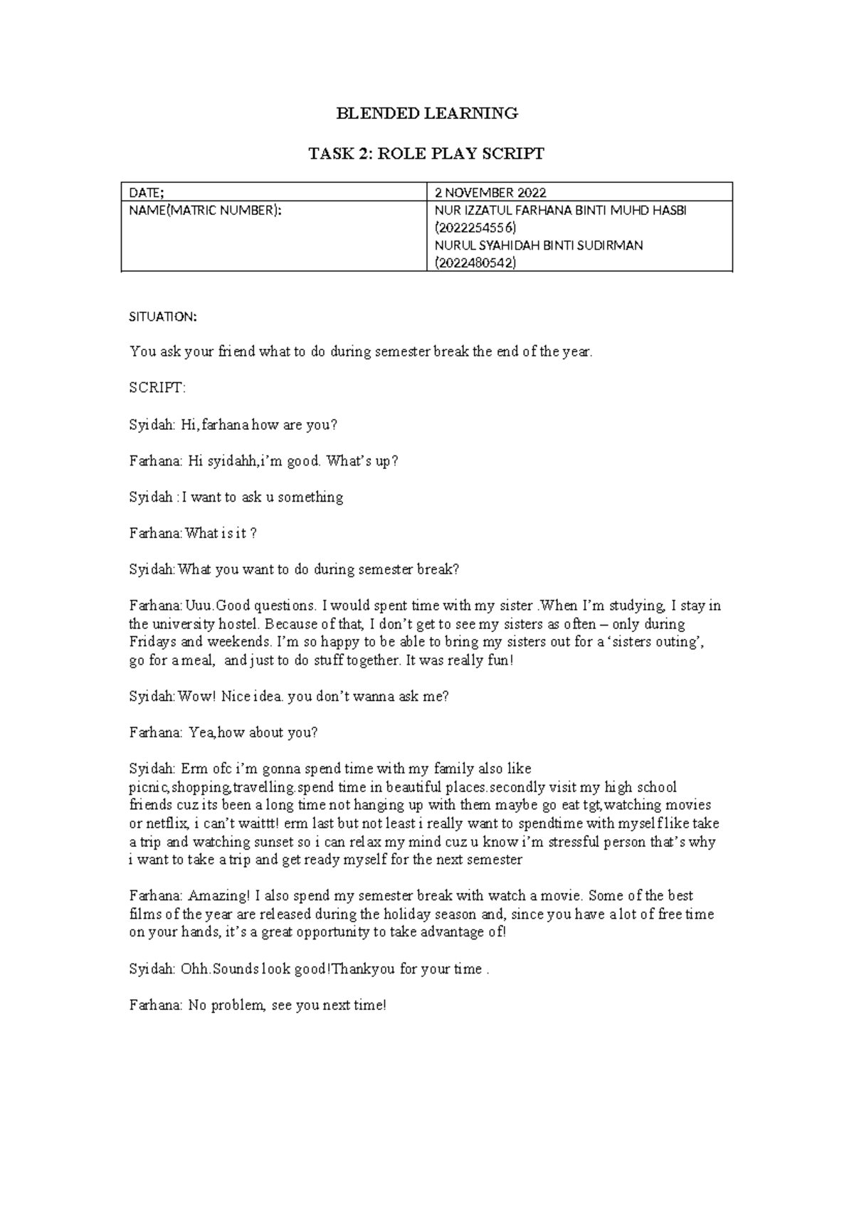 Script ELC - BLENDED LEARNING TASK 2: ROLE PLAY SCRIPT DATE; 2 NOVEMBER ...