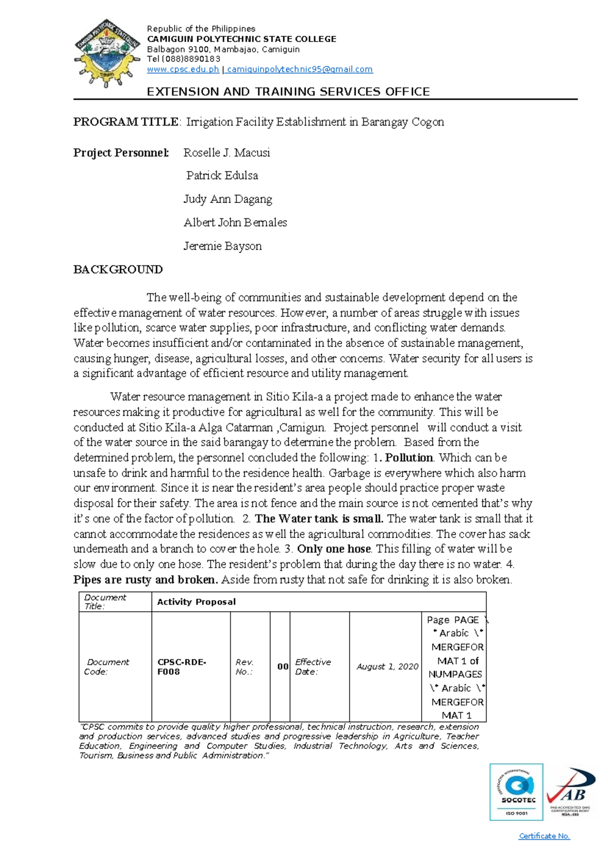 G5.Proposal-Ag-Ext. - for merge - Certificate No. CAMIGUIN POLYTECHNIC ...