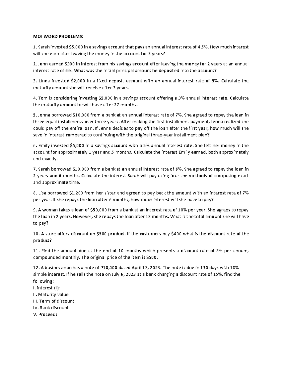 MOI WORD Problems - simple interest word problem - MOI WORD PROBLEMS ...