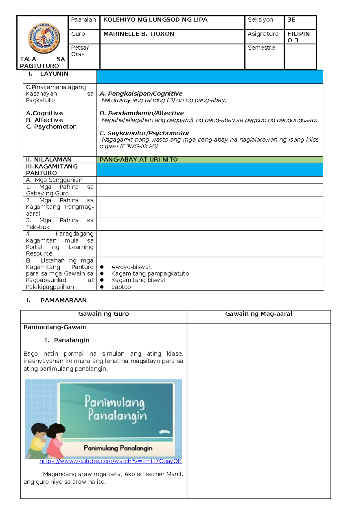 Halimbawang LP BEM 105 - I. LAYUNIN C Kasanayan sa Pagkatuto A B ...