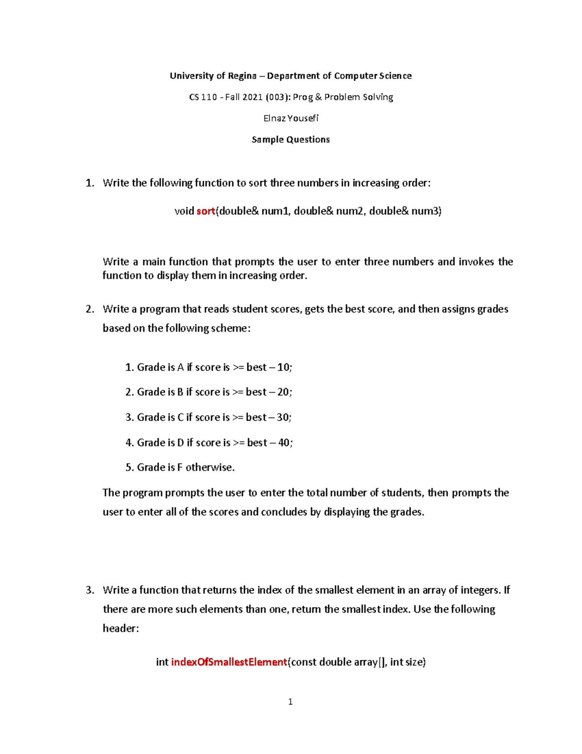 Sample Questions - 1 University of Regina – Department of Computer ...